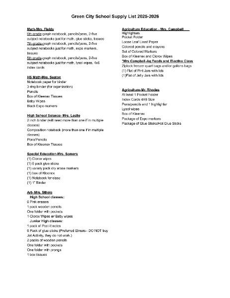 Green City R-1 Schools - Middle School and High School Supply List